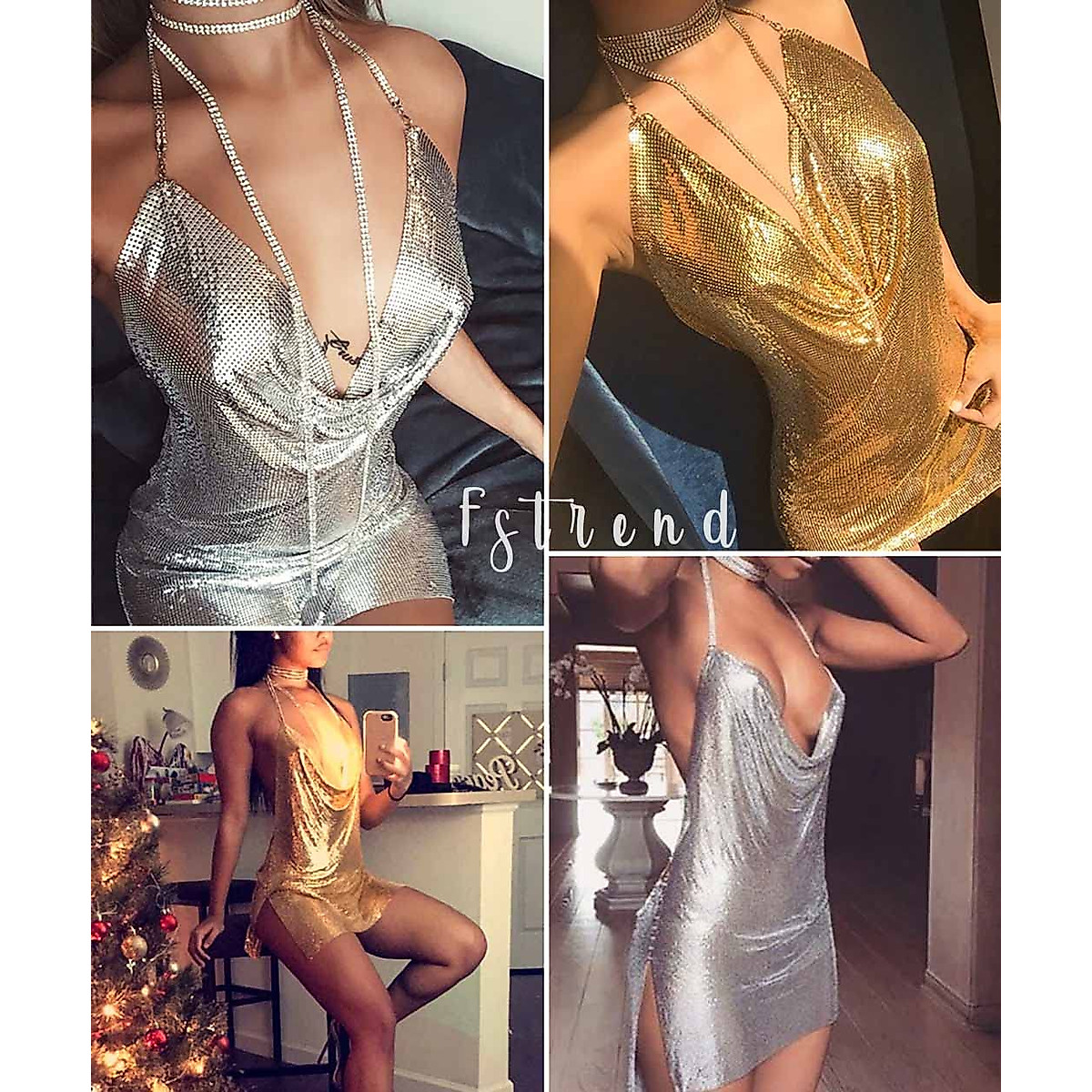 Fstrend Sexy Sequins Short Dress Slit Gold Blackless Metal Skirts Cocktail Body Chain Beach Bikini Rave Clubwear Body Accessories Jewelry for Women and Girls