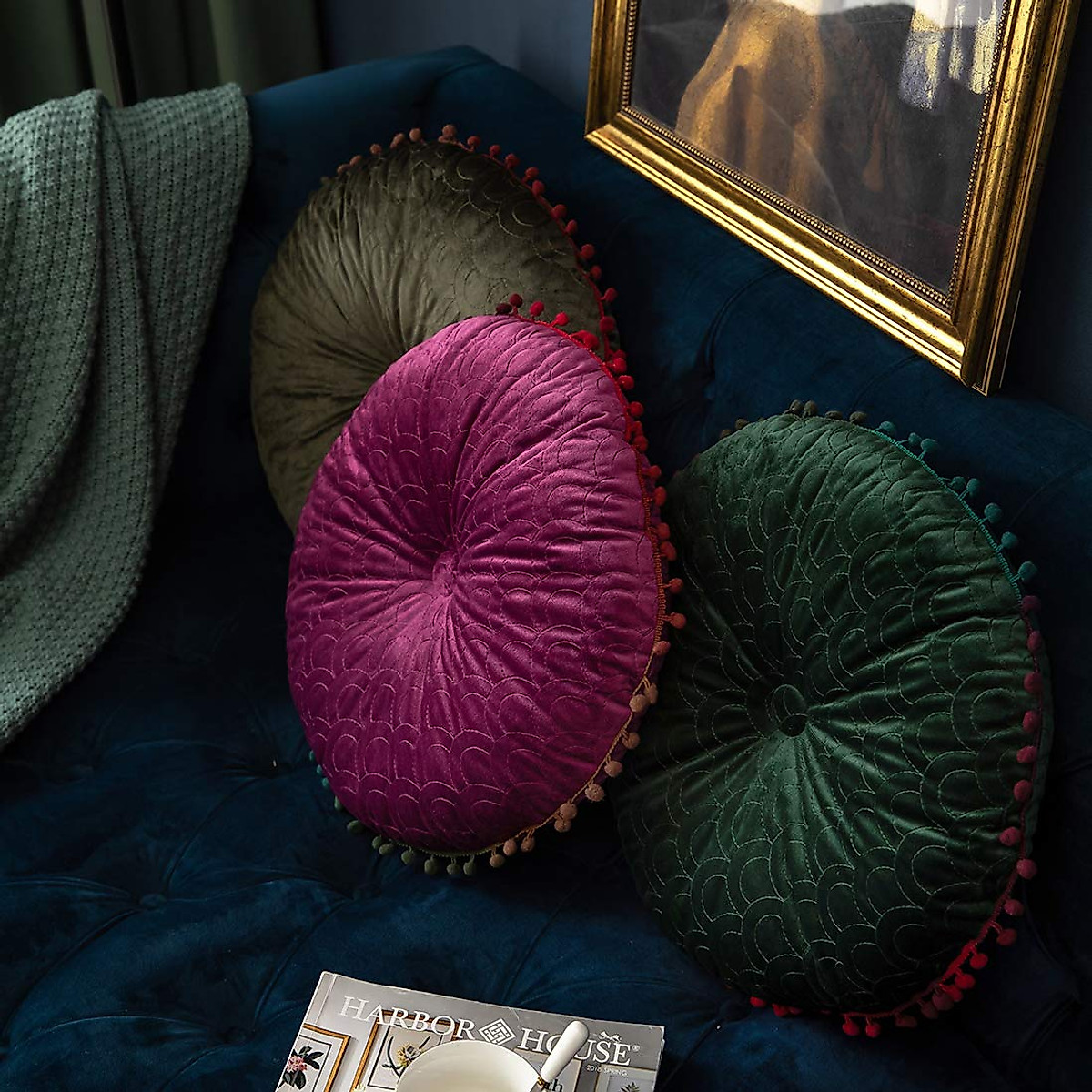 vctops Velvet Soft Round Chair Pads Cute Gradient Pom Pom Indoor Dining Chairs Cushion (Dark Green, Diameter 16")