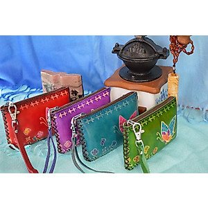 BPLeathercraft Leather Change Purse, handmade Wallet, Rectangle,A Flying Butterfly and Flower (Red-1)