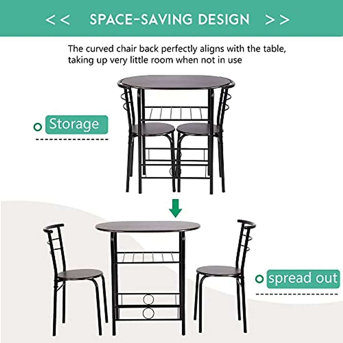 FDW 3-Piece Round Table and Chair Set for Kitchen Dining Room Bar Breakfast,Compact Space Metal Frame,Wine Rack
