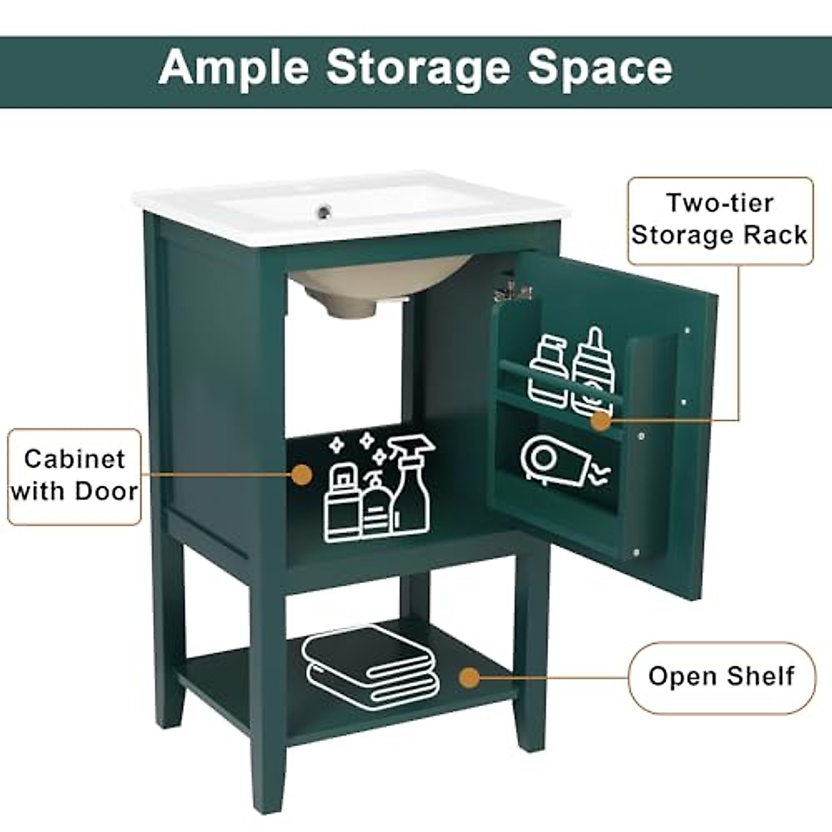 20" Freestanding Bathroom Vanity with Ceramic Sink, Wood Bathroom Storage Cabinet with Soft Closing Door, Storage Rack and Open Shelf Bathroom Vanity Sink Combo for Small Space, Green