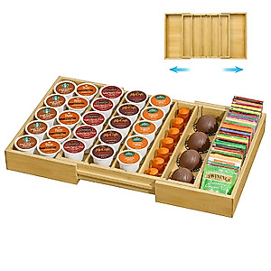 Kssiaz Coffee Pod Holder Drawer, Bamboo K Cup Holder Compatible with Nespresso Vertuo Capsules, 25-45 K Cup Drawer Organizer for Coffee Station Home Office and Kitchen (Bamboo)