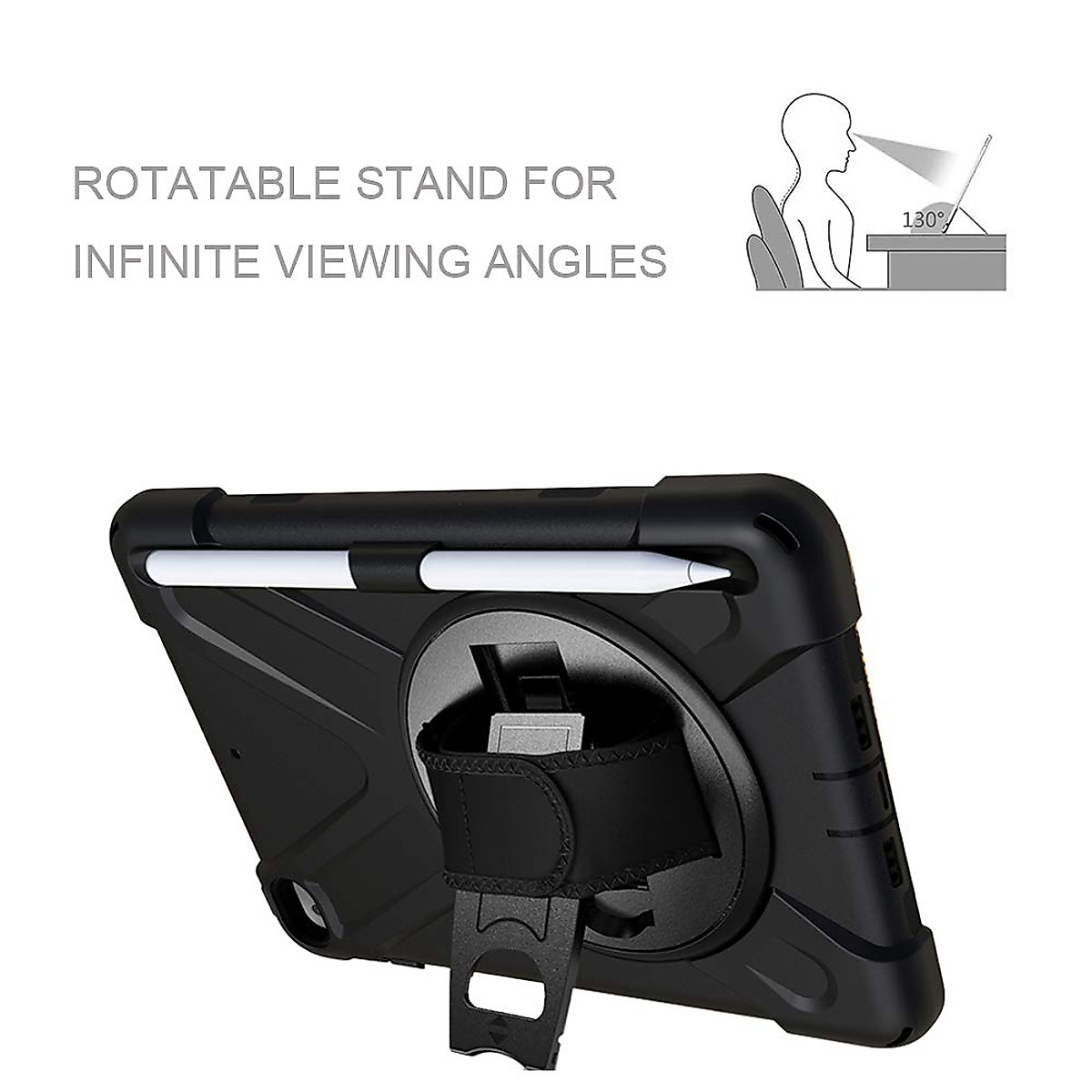 ZenRich iPad Mini 5/ iPad Mini 4 Case with Pencil Holder, Heavy Duty Shockproof Rugged iPad Mini 7.9 Inch Case with Hand Strap/Kickstand-Black