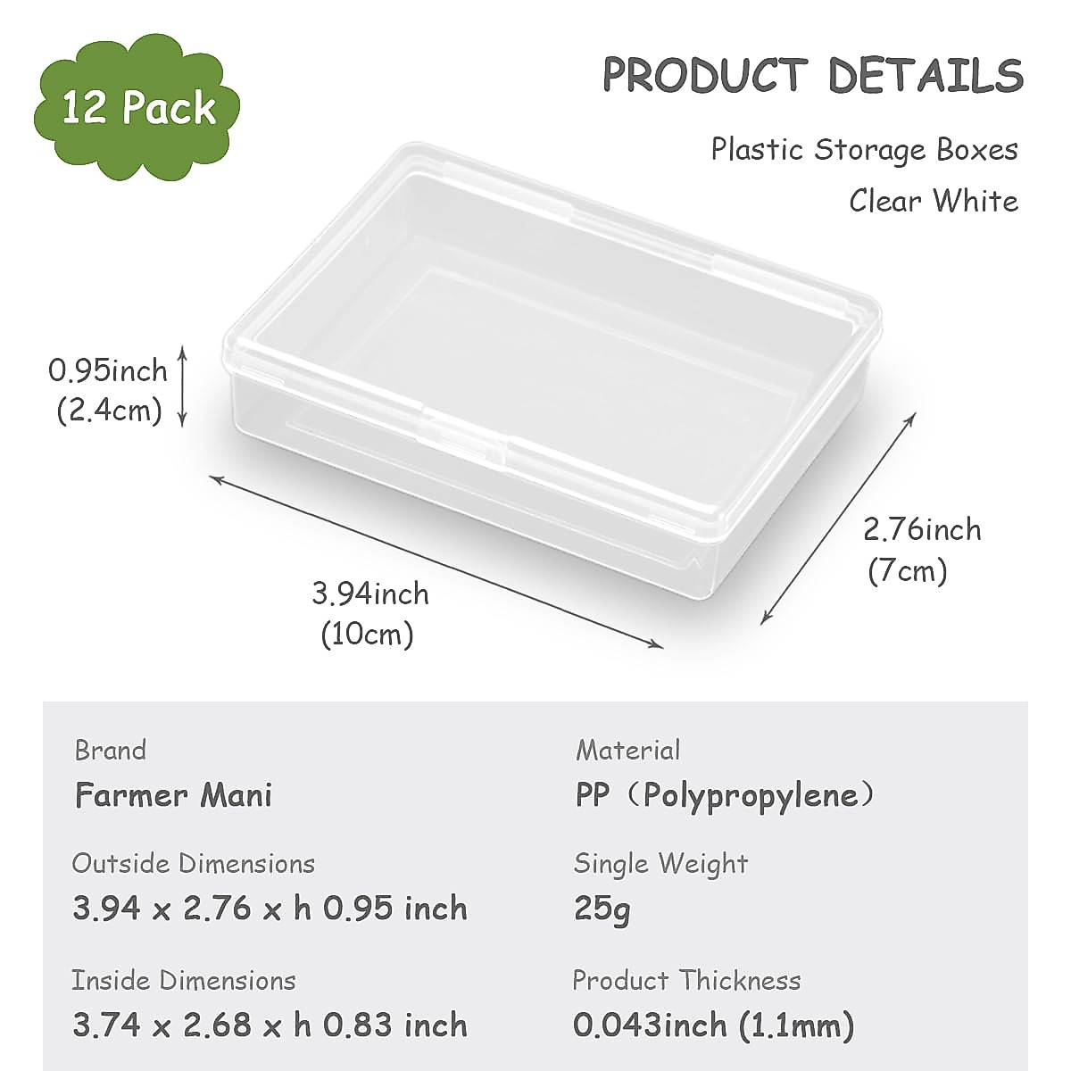 Farmer Mani 12 Pieces Rectangular Clear Plastic Storage Containers for Tiny Items and Other Craft Projects. (3.94 x 2.76 x 0.95 inch)