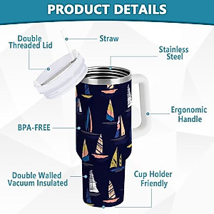 Joisal Hand Drawing Colorful Sailboat Tumbler Cup with Handle and Straw Ice Coffee Cups 40 Oz Stainless Steel Tumbler