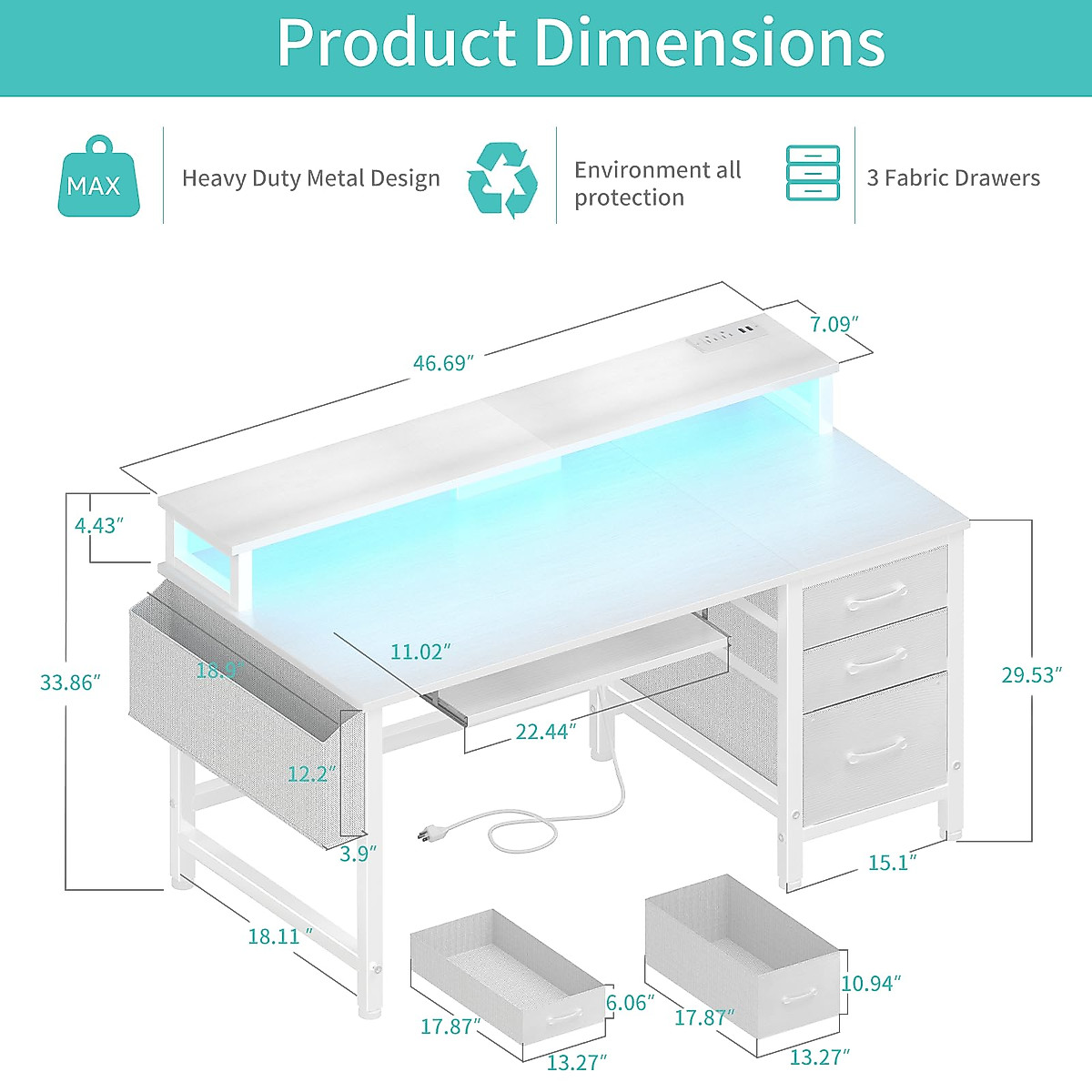 Lufeiya White Computer Desk with File Drawers Cabinet, 47 Inch Home Office Desks with Keyboard Tray, Gaming Desk with LED Lights and Power Outlets, Writing Table PC Desks with Monitor Stand, White