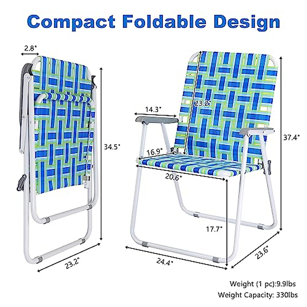 VINGLI Oversized Patio Lawn Webbed Folding Chairs Set of 2, Outdoor Beach Portable Camping Chair for Yard, Garden (Blue, Oversize)