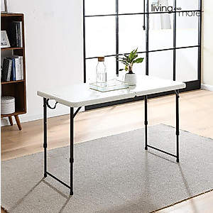 Living and More 4 Foot Height Adjustable Fold-in-Half Table with Carrying Handle, Easy Folding and Storage, Indoor Outdoor Use, White