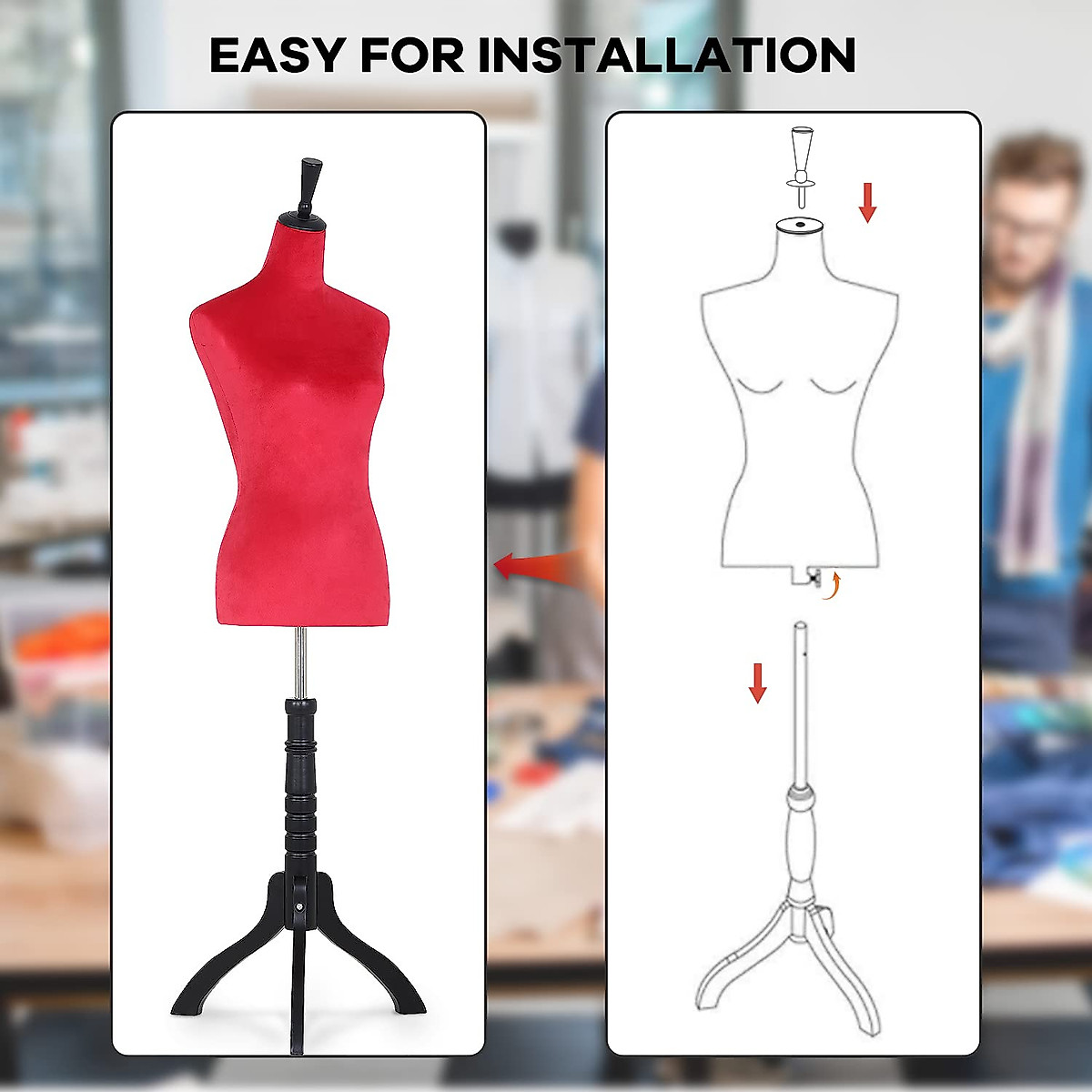Mannequin Body Female Dress Form Mannequin Torso with Stand for Display 60"-67" Height Adjustable for Sewing Wooden Base, Fiberglass Body(Red)