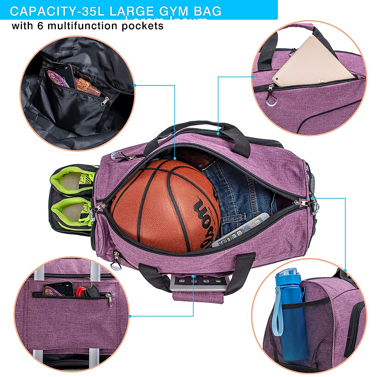 Kuston Sports Gym Bag with Shoes Compartment &Wet Pocket Gym Duffel Bag Overnight Bag for Men and Women