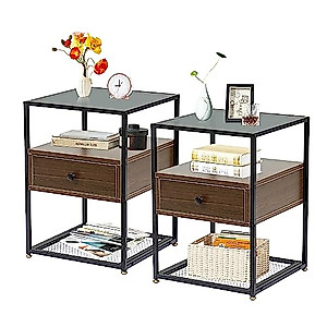 Kinfant End Table Set with Drawer - Nightstand Bedside Table with Mesh Shelf, Side Table with Glass Top for Hallway, Living Room, Bedroom, Rustic Brown and Black (2)