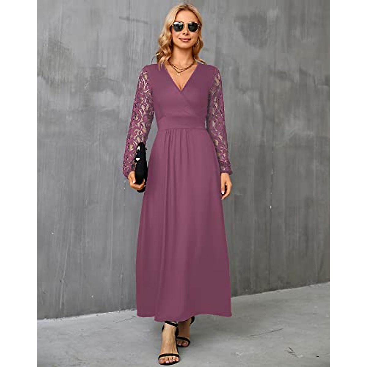 PYGFEMR Women's Lace Long Sleeve Maxi Dress V Neck Wrap Waist Maxi Dresses with Pockets 2022 New Mauve L