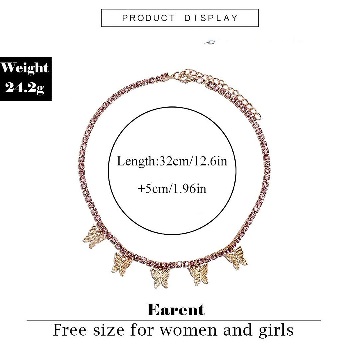 EARENT Rhinestone Butterfly Choker Necklaces Sparkly Crystal Butterfly Chain Necklace Glitter Pink Prom Jewerly for Women(Pink（Pack of 2）)