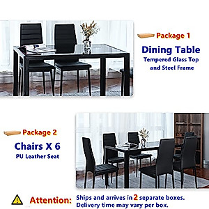BAHOM 7 Piece Kitchen Dining Table Set for 6, Glass Dining Table and 6 Chairs PU Leather for Breakfast (2 Boxes)