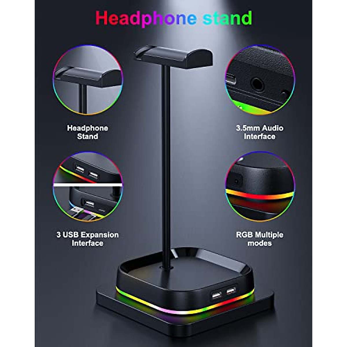 COSDIG RGB Gaming Headphone Stand for Desk,Headset Stand,Headphone Holder Storage with 3 USB and 3.5mm AUX Ports,Headphone Hanger Mount Gaming Earphone Accessories as PC Gamer Gift