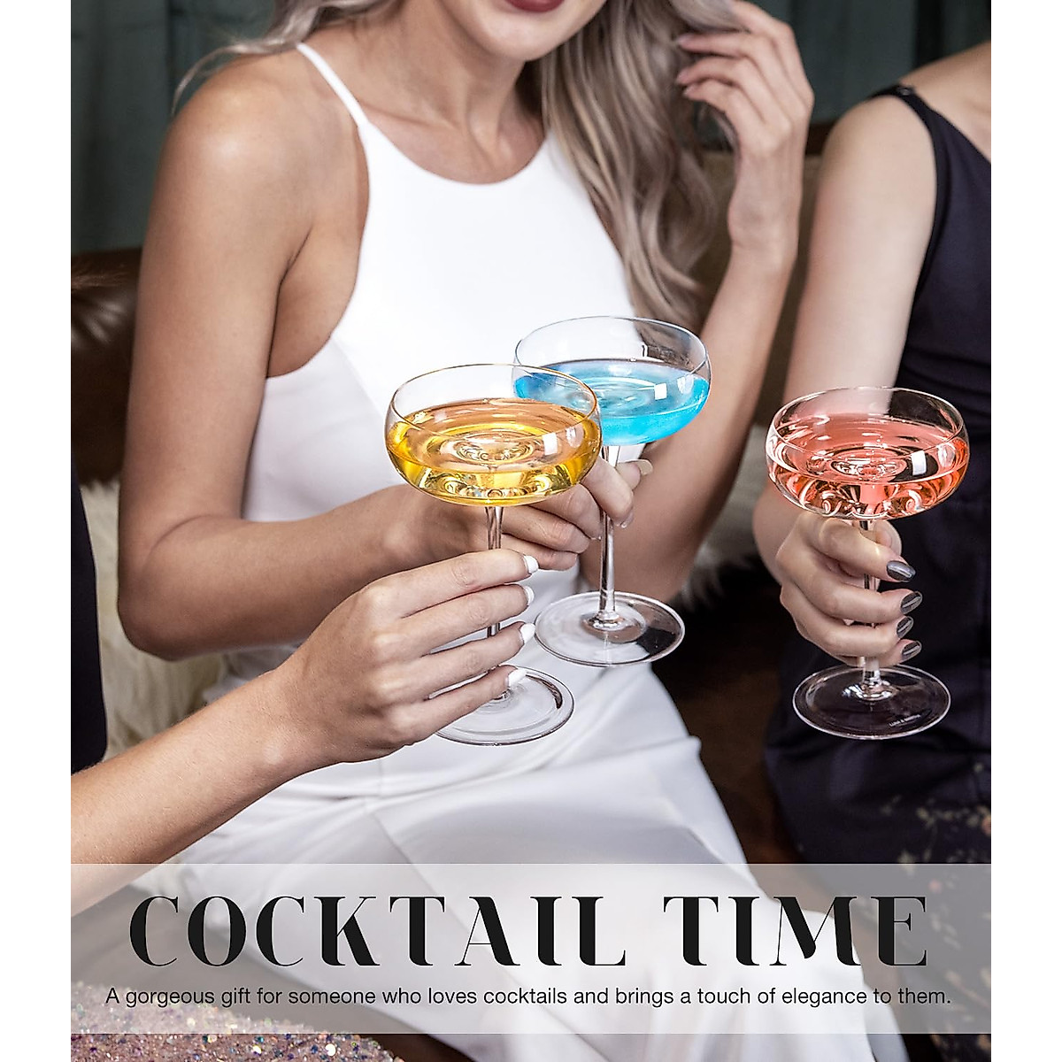 Unique Martini Glasses | Set of 4 | 8 oz Crystal Round | Art Deco Cocktail Glasses Set for Pisco Sour, Mixed Drinks | Hand-Blown Fancy Champagne Coupe Glass