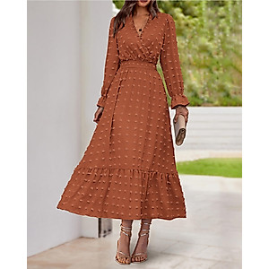 BTFBM Women Fall Dresses 2023 Long Sleeve V Neck Swiss Dots Maxi Dress Boho Long Dress High Waisted A-Line Ruffle Dress(Solid Orange,Large)