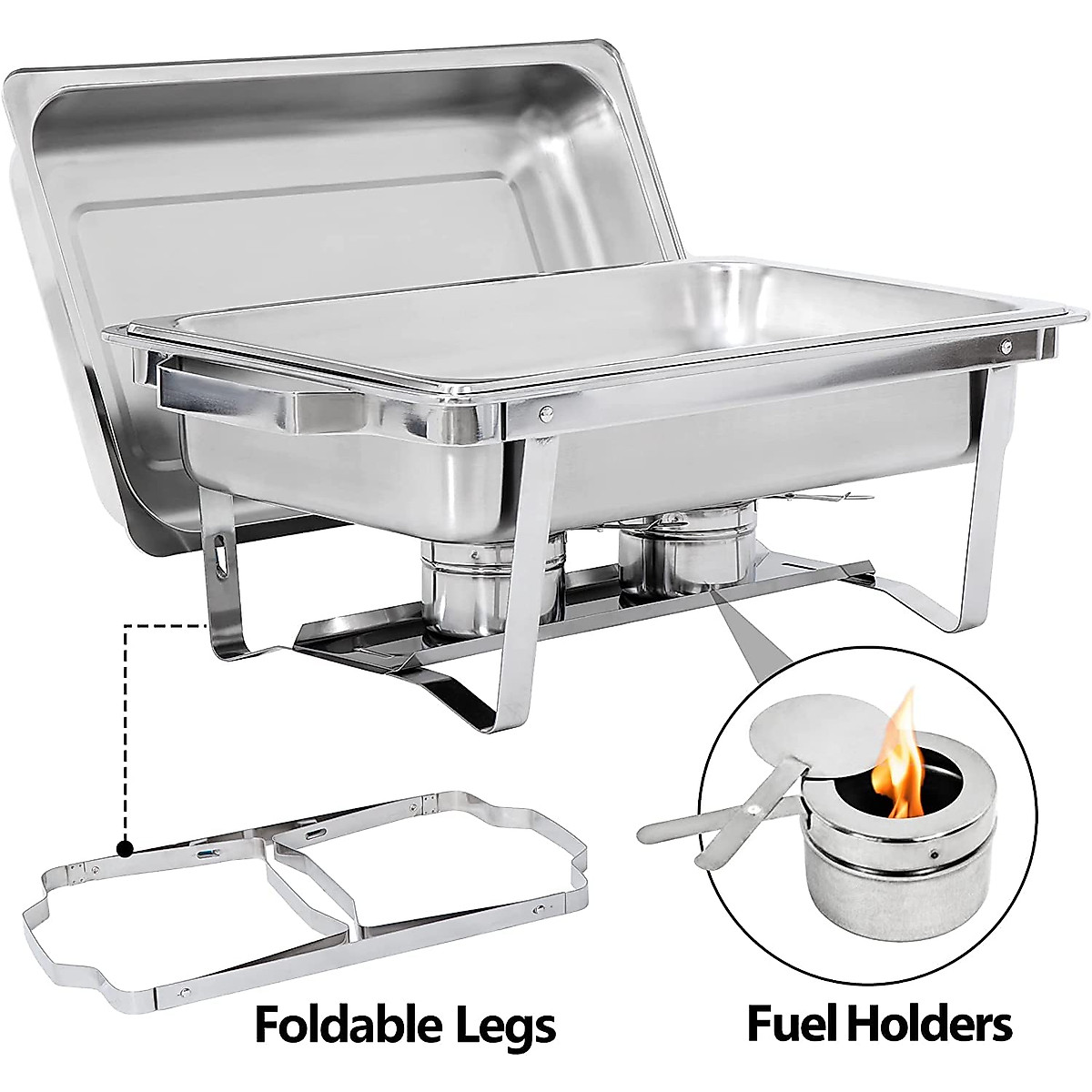 HONHPD Upgrade 8 Qt 4 Pack Full Size Stainless Steel Chafing Dishes Buffet Set,Silver Rectangular Catering Chafer Warmer Set with Trays Pan Lid Folding Frame for Kitchen Party Banquet Dining,Thickened