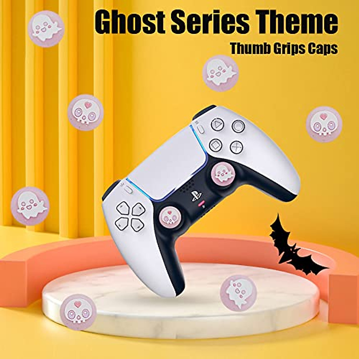 PERFECTSIGHT Cute Thumb Grip Caps for PlayStation 4/5, PS5, PS4, Xbox Series X/S, Xbox One, Switch PRO Controller, 4PCS Kawaii Soft Rubber 3D Analog Thumbsticks Grips Joystick Cover - Glitter Ghost