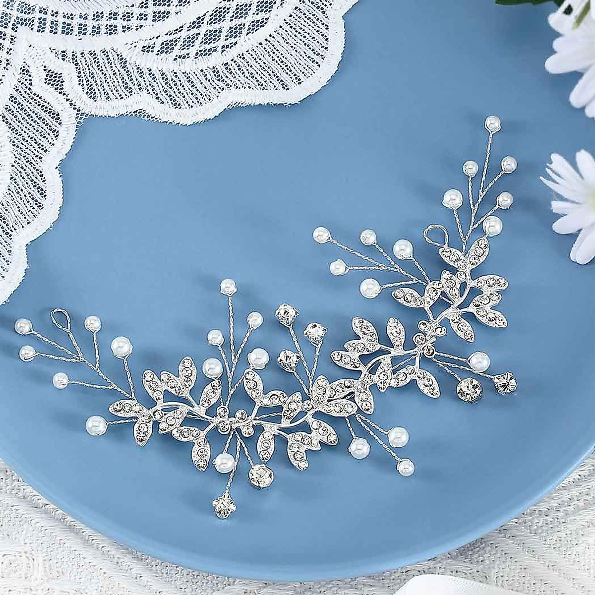 Unsutuo Crystal Bridal Headband Silver Rhinestone Leaves Wedding Hair Vine Pearls Bride Hair Pieces for Women and Girls(Silver)