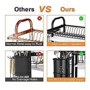 KASSO Dish Drying Rack, 2 Tier Stainless Steel Dish Rack with Drainboard, Utensil Holder, Cutting Board Holder, Large Rust-Proof Dish Drainer for Kitchen Counter, Black