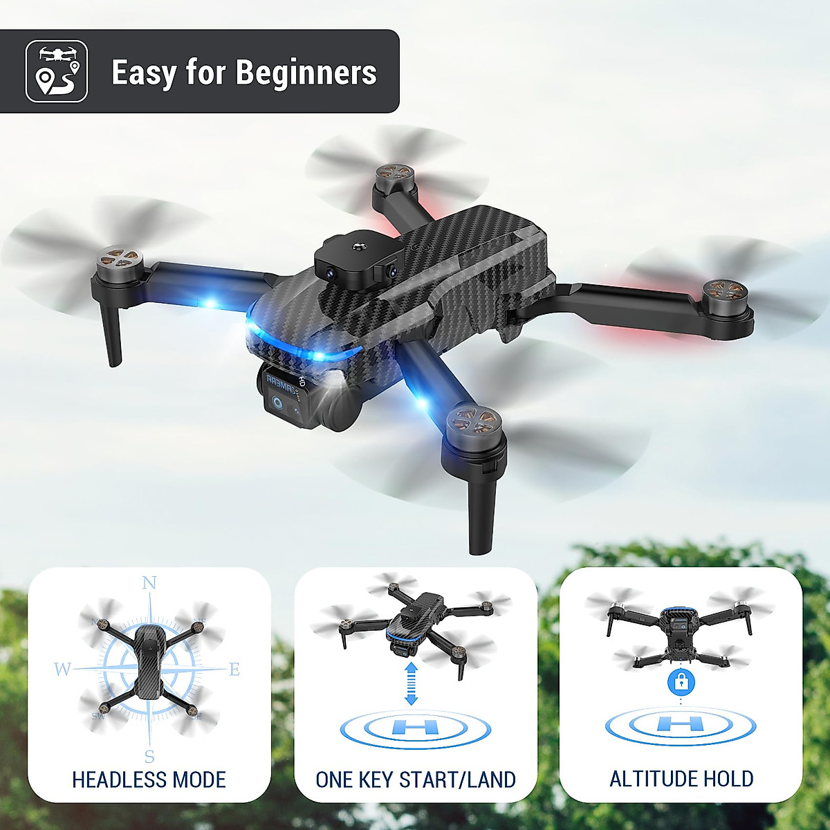 ROTAZA Foldable 4K Camera Mini Drone - Headless Mode, One Key Take Off/Land, Carrying Case, for Kids and Beginners