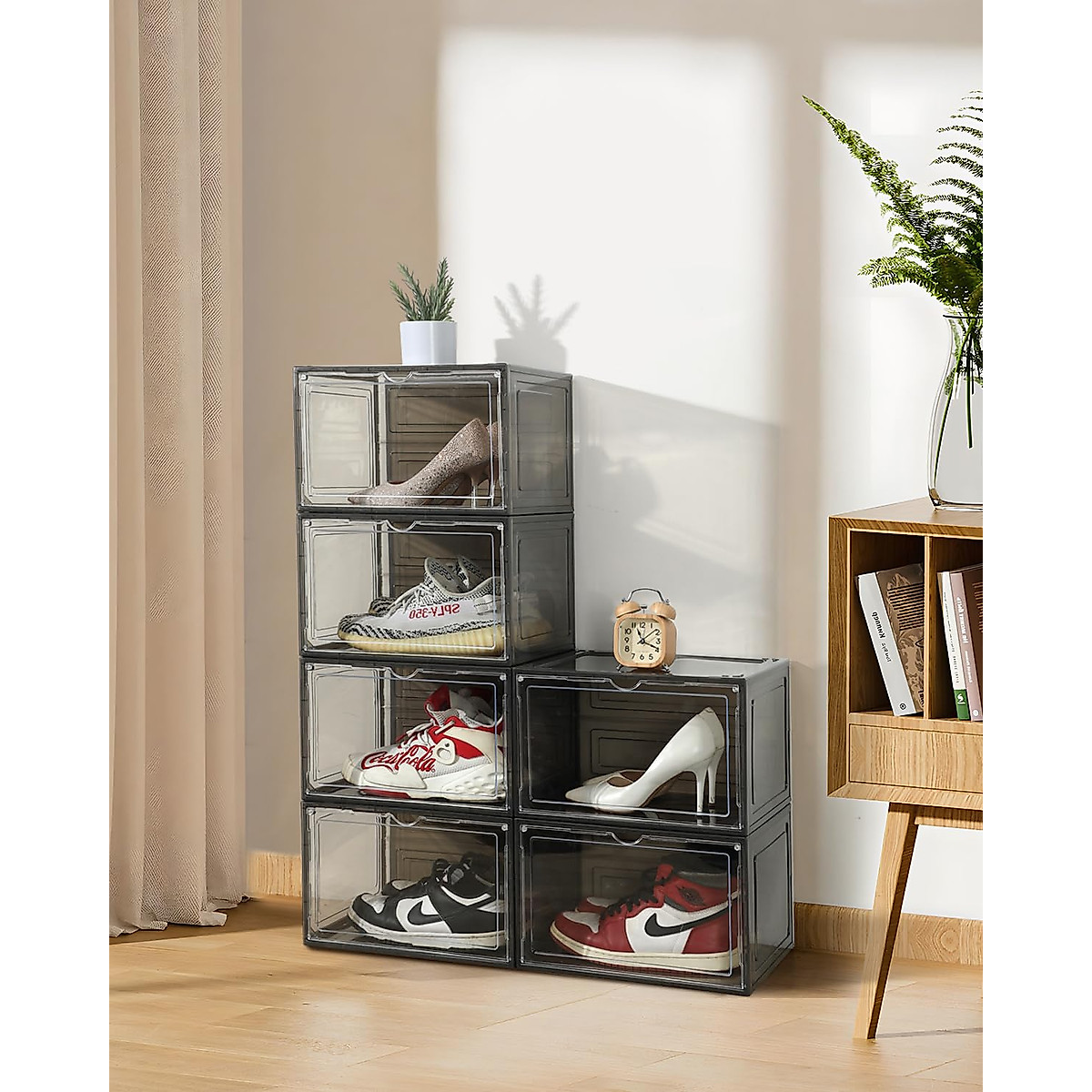 EOENVIVS Shoe Storage Boxes Large Shoe Boxes Fit Size 13, 6 Pack Clear Plastic Shoe Organizer with Stackable Design and Magnetic Door, Space Saving Shoe Containers for Boots and Sneakers, Grey