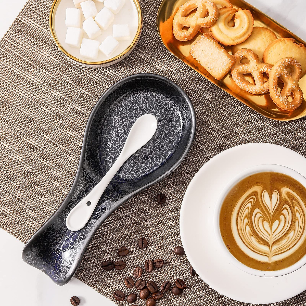 KQRIV Ceramic Spoon Rest for Stove Top - Extra Large Navy Porcelain Spoon Rest for Kitchen Counter, 8.6 Inch Heat Resistant Cooking Utensil Rest - Dishwasher Safe