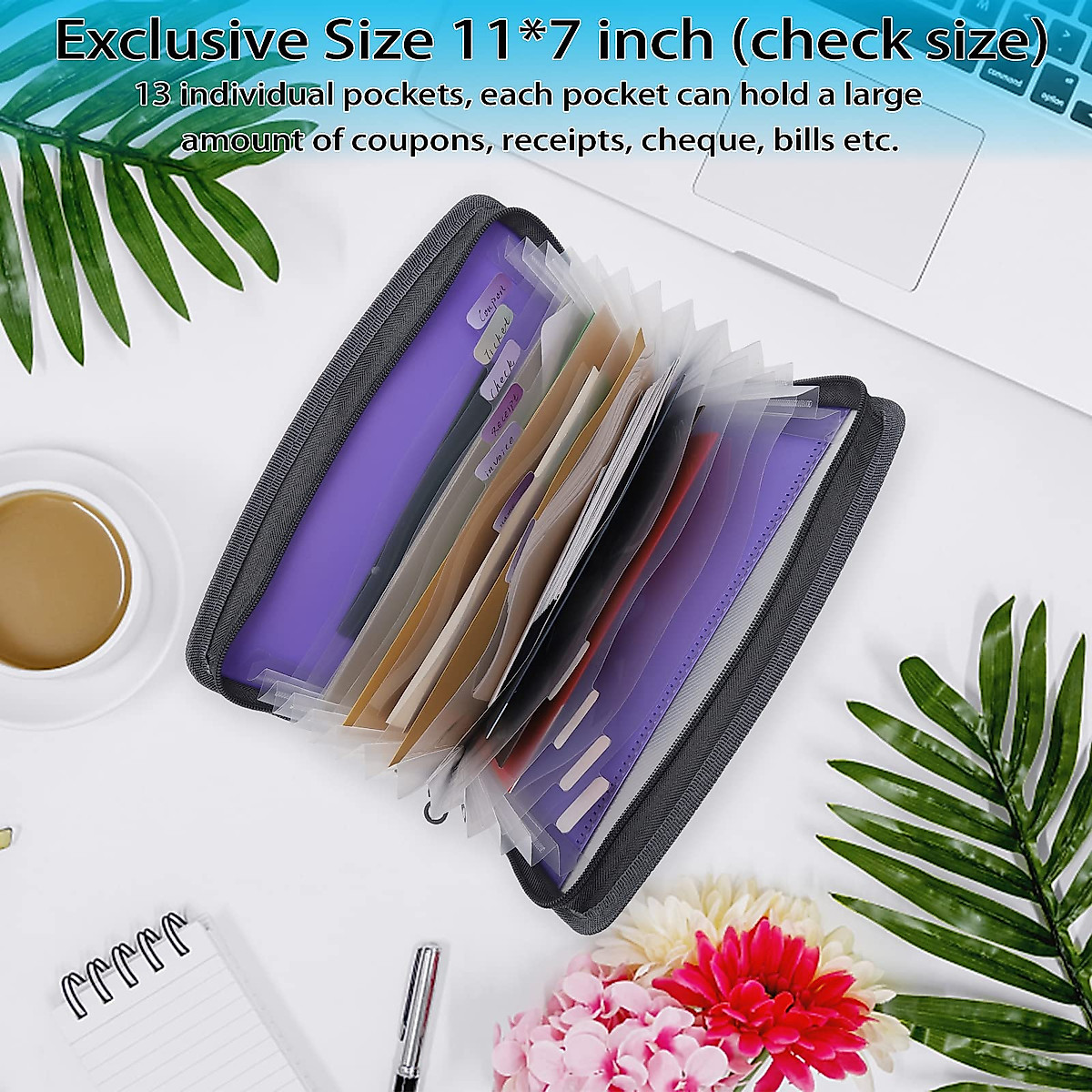 NAFY Small Accordion File Organizer, A5 Check Size 13 Pockets Coupon Receipt Holder Organizer with Zipper, 11X7 Inches Accordion Expanding Folder Wallet for Coupon, Receipt, Bills, Cash(Lavender)