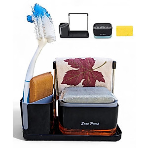 Dish Soap Dispenser for Kitchen with Sponge Holder, Dishcloth and Brush Holder, Countertop Caddy Organizer for Kitchen Sink Easy Fill with Funnel