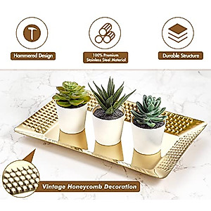 Koluti 12 Inch Gold Rectangle Decorative Tray, Brass Tone Hammered Nightstand Accessory Dresser Serving Plate, Counter Perfume Jewelry Makeup Organizer Storage, Stainless Steel