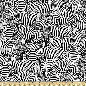 Lunarable Zebra Fabric by The Yard, Savannah Fauna Herd with Black Stripes Design Monochrome Illustration, Decorative Fabric for Upholstery and Home Accents, 1 Yard, Black and White