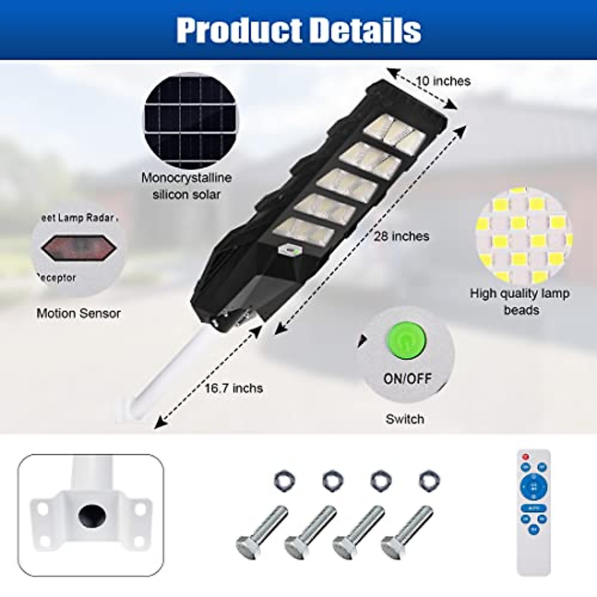 Juyace 500W Solar Street Light 825 LEDs Solar Powered Dusk to Dawn Outdoor Lights with Motion Sensor IP65 Waterproof 6500K with Remote Control for Parking Lot or Yard Garage Garden