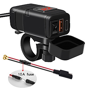Ankuee Motorcycle USB Phone Charger, Waterproof SAE to USB Adapter with Voltmeter & ON/Off Switch, Dual Quick Charge 3.0 Charger, Motorcycle Accessories for Phone, Tablet, GPS, etc (Red)