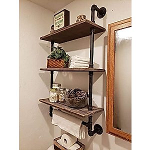DR.IRON Industrial Pipe Wall Bathroom Shelf Rustic Bathroom Shelves with Towel Bar,24" Towel shelfs for Bathroom,Farmhouse Bathroom Shelving Unit Storage (3 tier-24)