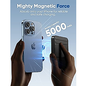 Magnetic Portable Charger - 5000mAh Mag-Safe Battery Pack with Foldable Stand, Mini Mag-Safe Power Bank, 20W USB-C Battery Pack for iPhone 12/13/14 Series, Wireless Charger for Outdoor Travel - Black