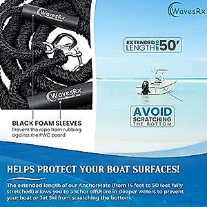 WavesRx 14'-50' AnchorMate Bungee Line | Safer Anchoring for Boats & Pontoons | Elastic Rope Extends to Absorb Wake Tugs and Keep Anchor from Dislocating | Includes Bag, Stainless Steel Hook & D Ring