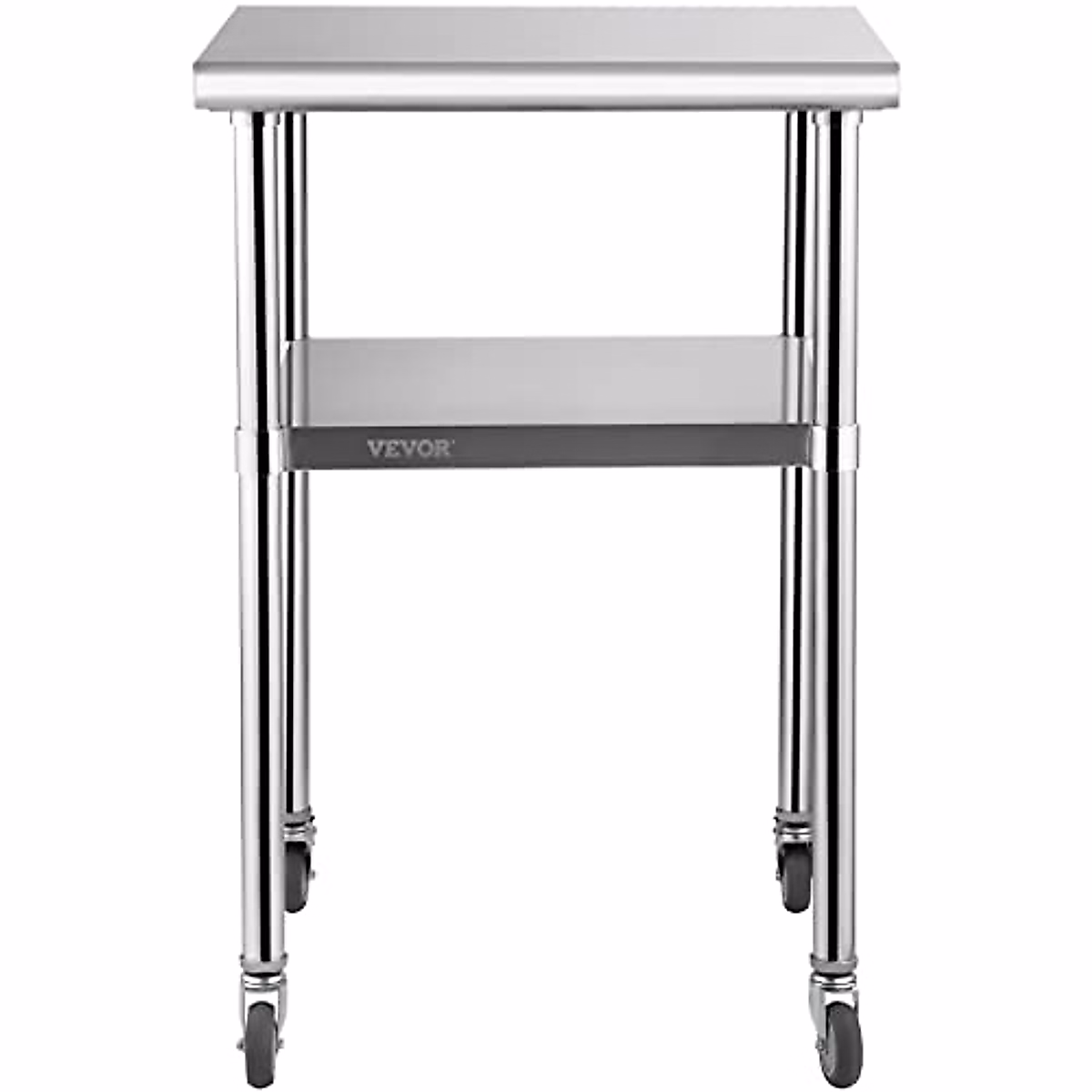 VEVOR Stainless Steel Prep Table, 24 x 24 x 36 Inch, 600lbs Load Capacity Heavy Duty Metal Worktable with Adjustable Undershelf & Universal Wheels, Commercial Workstation for Kitchen Garage Backyard