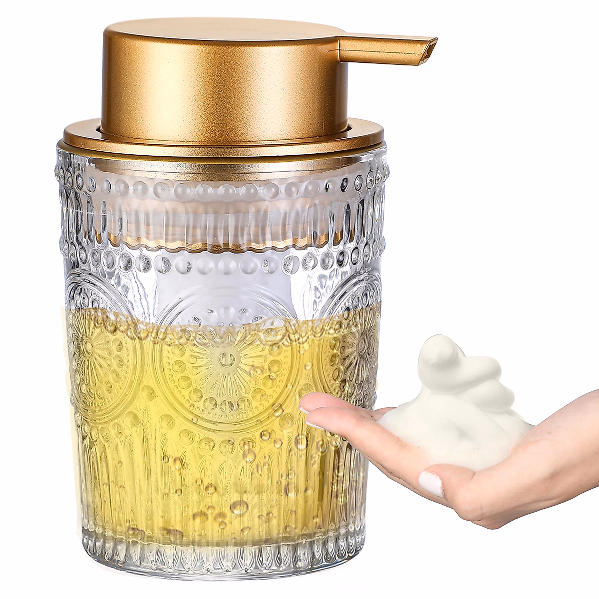 MKLZ 8 Oz Glass Foam Soap Dispenser, Clear Hand Liquid Bottles with Gold Plastic Pump, Refillable Round Foaming Lotion Dispensing for Kitchen Sink & Bathroom Counter