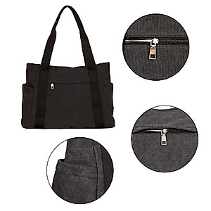 YHSHYZH Black Tote Bags for Women, Canvas Work Bags, Medium Beach Bag with Zipper, Teacher Shoulder Bag, Everything Purses for Women Gifts Trendy (Medium, Black) …