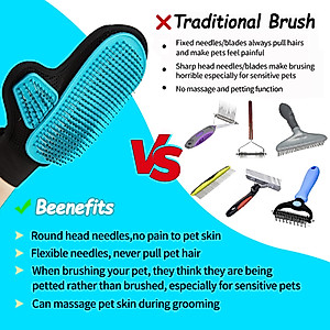 Beenefits 2024 Pet Grooming Glove with Tipped Pin Brush,Special Design Deshedding Glove, Massage Mitt, Perfect Petting Tool for Sensitive Dogs & Cats with Long & Medium Fur - Right-Hand - Blue