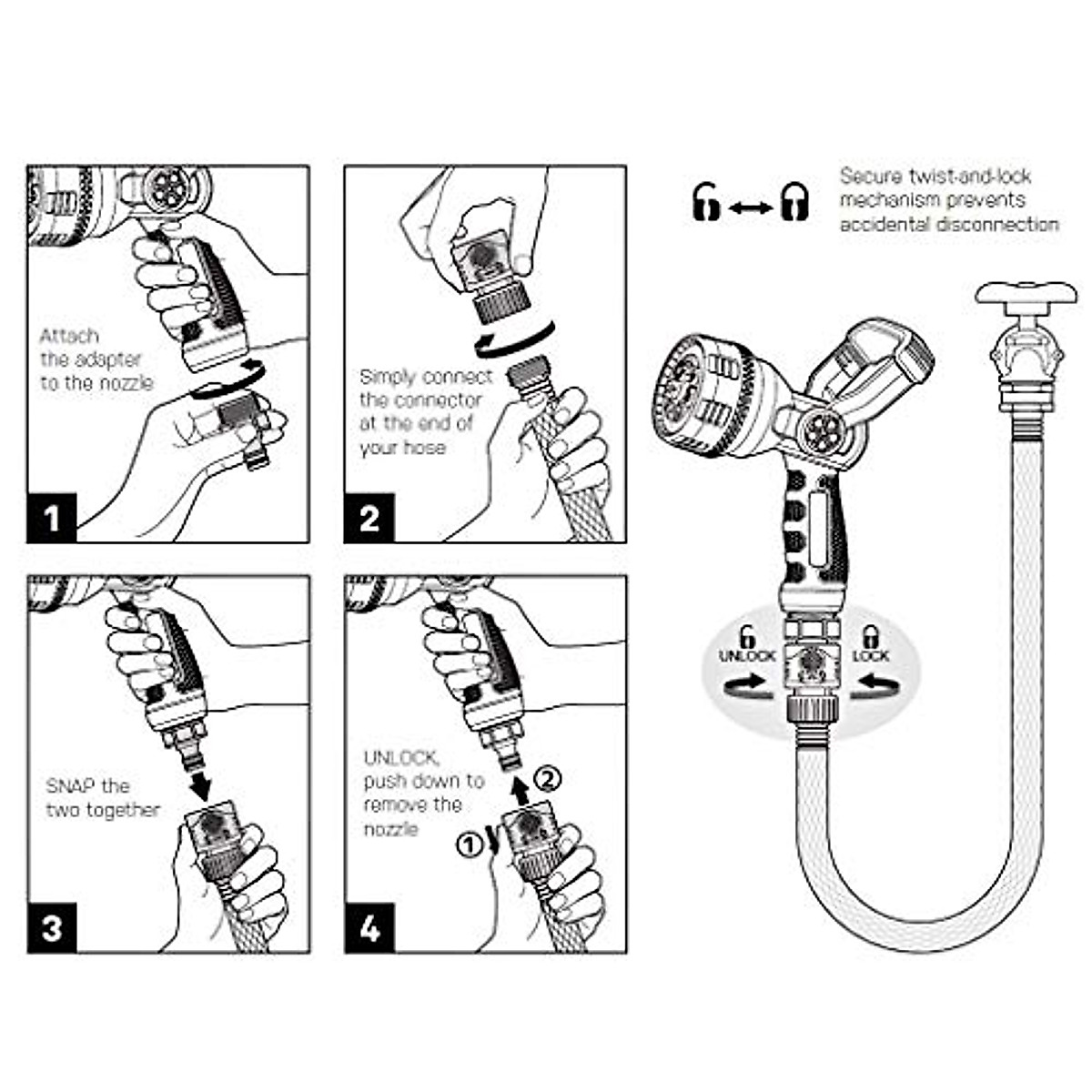Eden Heavy Duty Metal Garden Hose Spray Nozzle with Quick Connect Starter Set 96806 Fireman Style