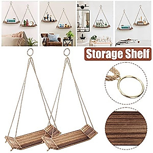 2 PCS Hanging Shelves for Wall, Wood Hanging Shelves for Wall, Cute Boho Room Rope Farmhouse Wooden Floating Small Bookshelves Decoration Wall Display Hanging Shelf for Living Room,Office, Bedroom