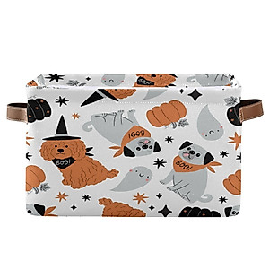 Kigai Halloween Dogs Storage Basket with Handles Collapsible Storage Bins Canvas Fabric Storage Organizer for Shelves Closet Bedroom Living Room 1Pack