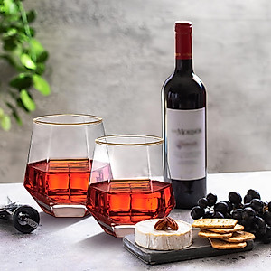 Norme 2 Pieces Gold Rimmed Wine Glasses Stemless 10 oz Diamond Wine Glass Aesthetic Glass Cup Clear Serving Glassware for Champagne Drinking Cocktail Whiskey Gift Birthday Wedding Party