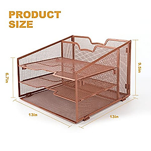 Meshist Rose Gold Desk Accessories Organizer, Desktop File Organzier with 3 Letter Trays and 1 Upright Section, Paper Organizer for Home and Office