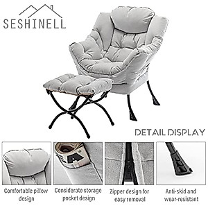 SESHINELL Lazy Chair with Ottoman, Modern Accent Chair Contemporary Lounge Leisure Sofa Chair with Armrests, Reading Chair and Folding Footstool Set for Living Room, Bedroom, Office, Light Grey