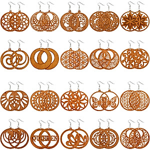 MTLEE 20 Pairs African Wooden Dangle Earrings Lightweight Ethnic Style Drop Earrings Geometric Wooden Earrings for Women(Classic Style)