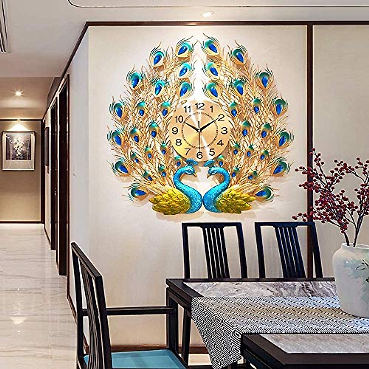 Wall Clock Peacock Wall Clock European Peacock Home Decor Wall Clock Living Room Mute Clock Watch Bedroom,Green