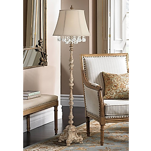 Barnes and Ivy Duval French Vintage Traditional Standing Floor Lamp 63.5" Tall Distressed Candlestick Crystal Glass Beading Cream Bell Shade Decor for Living Room Reading House Bedroom Home
